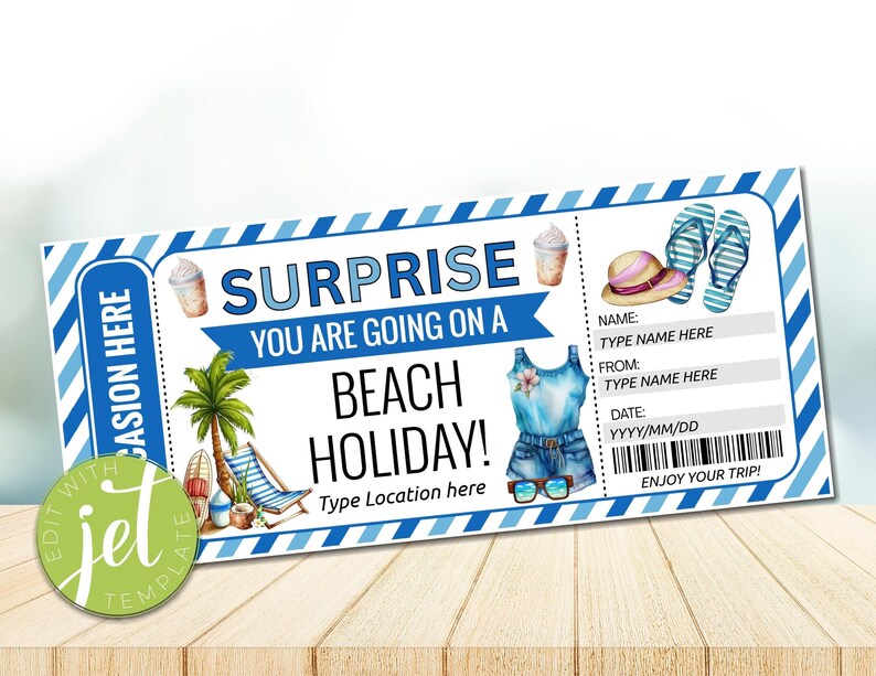 Editable Tropical Beach Vacation Ticket Template, Surprise Travel ...