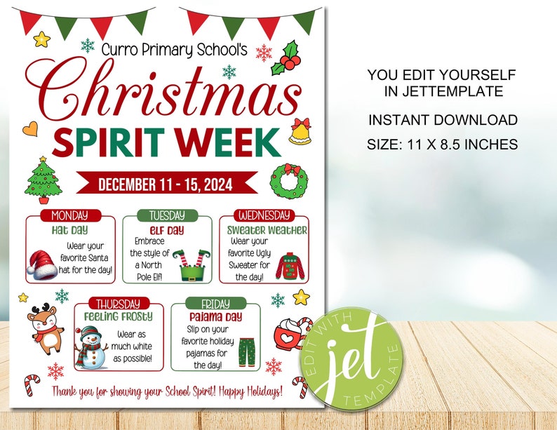 Editable Christmas Spirit Week Itinerary Flyer, DIY Holiday Dress up ...