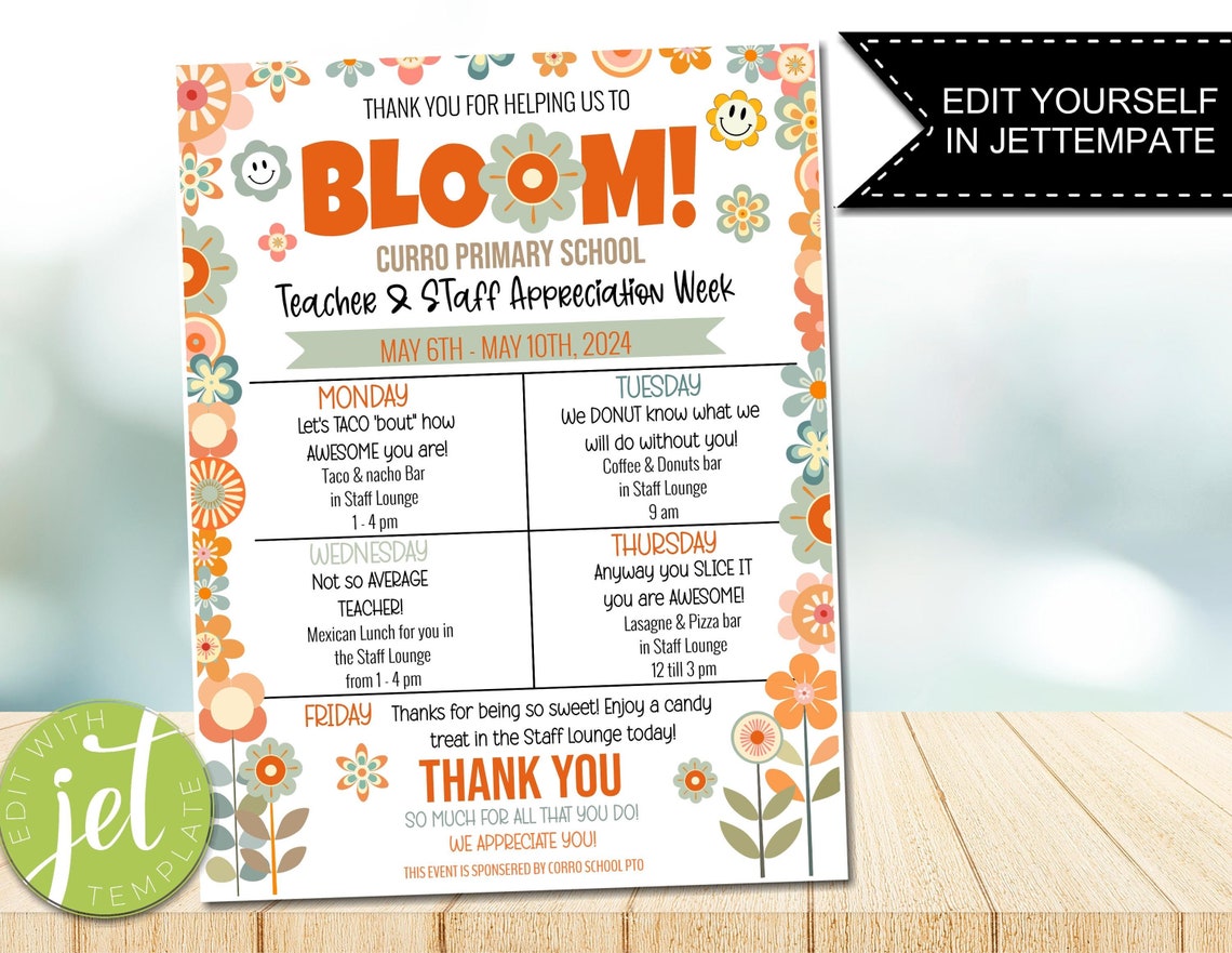 EDITABLE Teacher Appreciation Week Itinerary, Appreciation Bloom Grow ...