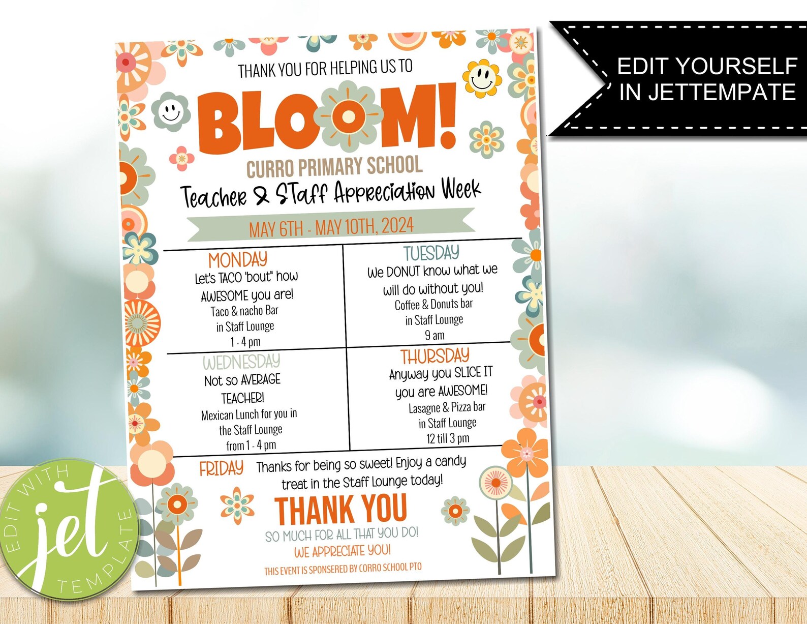 EDITABLE Teacher Appreciation Week Itinerary, Appreciation Bloom Grow ...