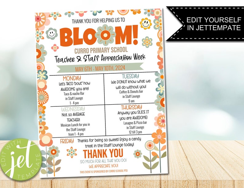 EDITABLE Teacher Appreciation Week Itinerary, Appreciation Bloom Grow ...