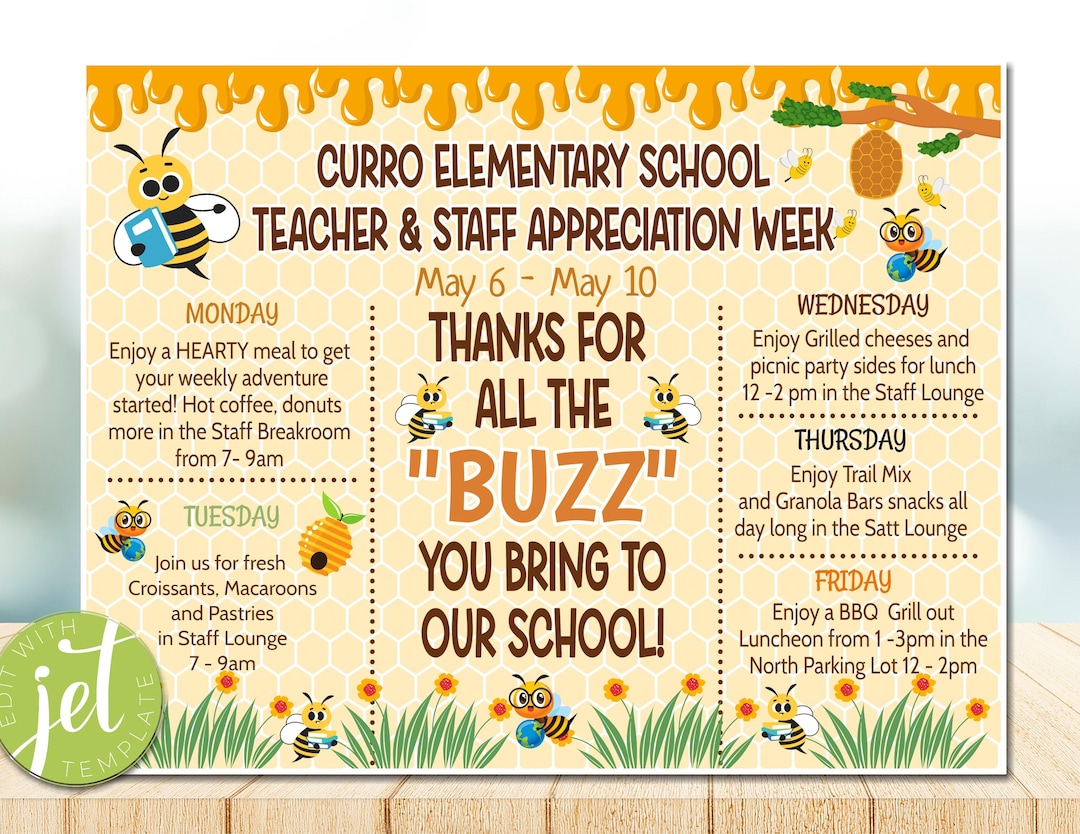 Bee Teacher Appreciation Week Itinerary, Bee Theme Staff Appreciation ...