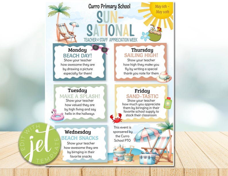Editable Beach Theme Teacher Appreciation Week Itinerary Poster ...