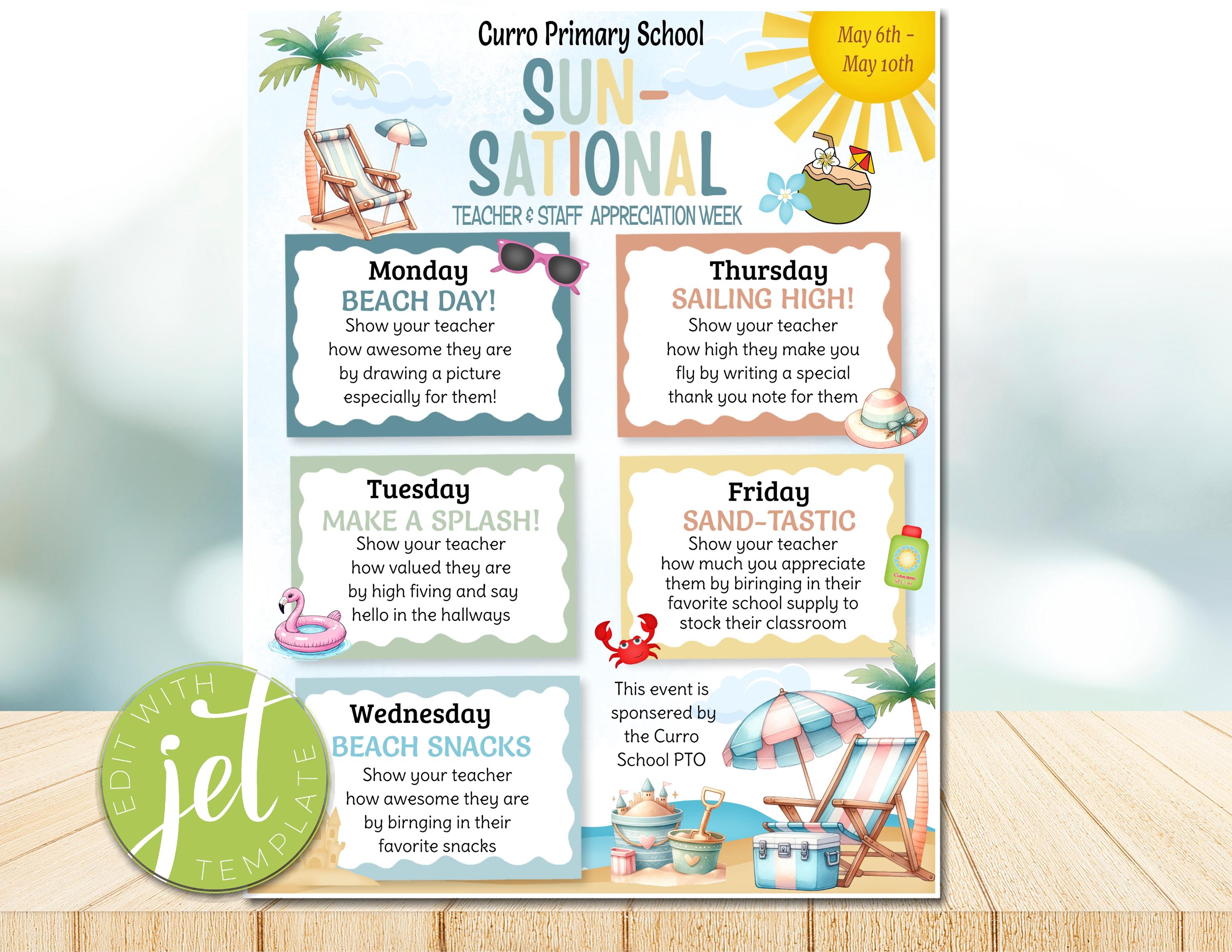 Editable Beach Theme Teacher Appreciation Week Itinerary Poster ...