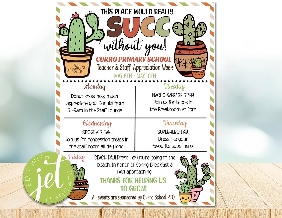 Editable Teacher Appreciation Week Itinerary, Boho Succulent Grow Bloom ...