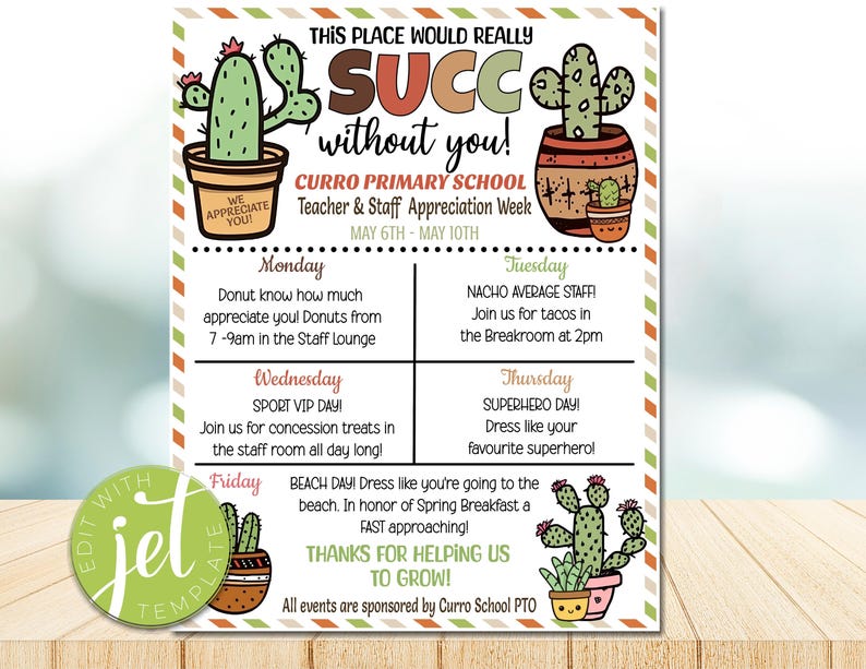 Editable Teacher Appreciation Week Itinerary, Boho Succulent Grow Bloom ...