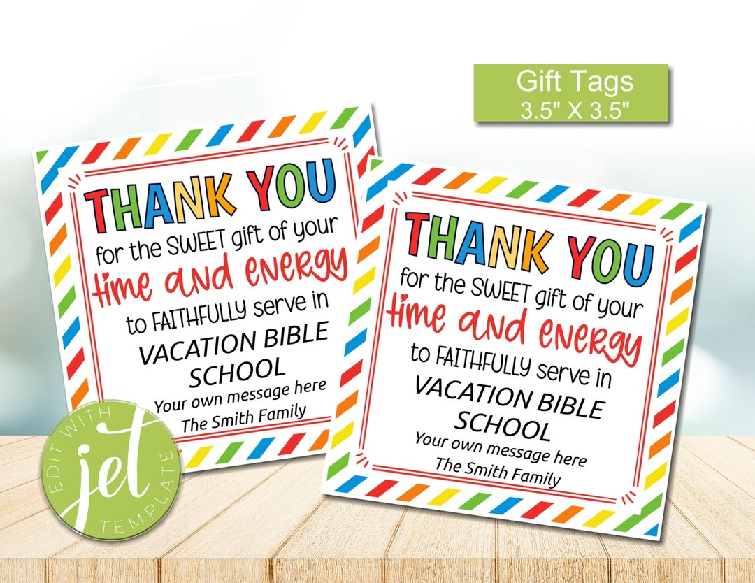 Editable Vacation Bible School Worker Appreciation Gift Tags, Church ...