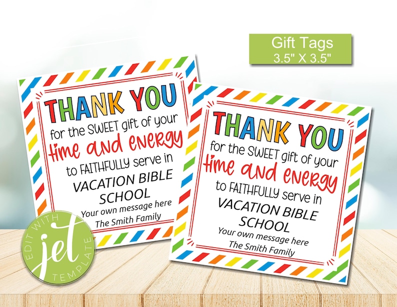 Editable Vacation Bible School Worker Appreciation Gift Tags, Church ...