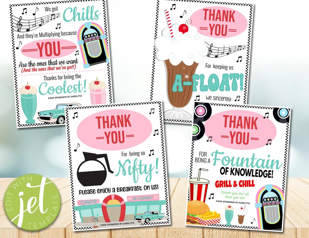 EDITABLE 1950s Diner Theme Staff Teacher Appreciation Printable Decor ...