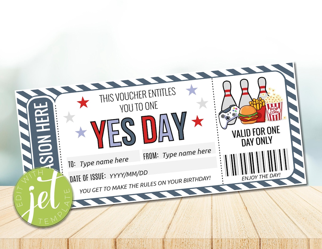 Editable Yes Day Ticket, Kids Best Day Ever Gift Card, Yes Day Gift ...