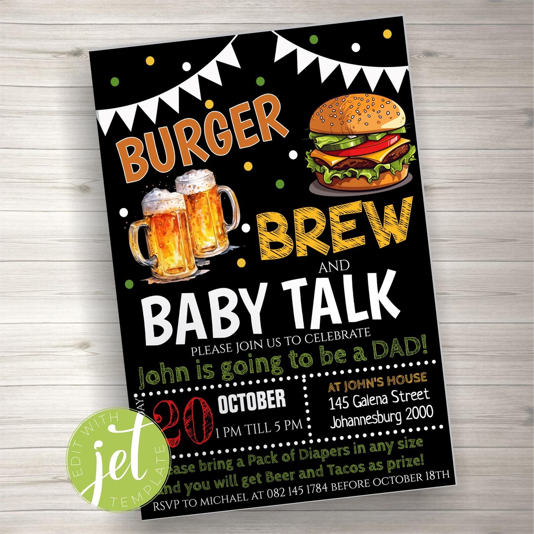 Editable Burgers and Beer Baby Shower Invitation, Baby Talk, BBQ Baby ...