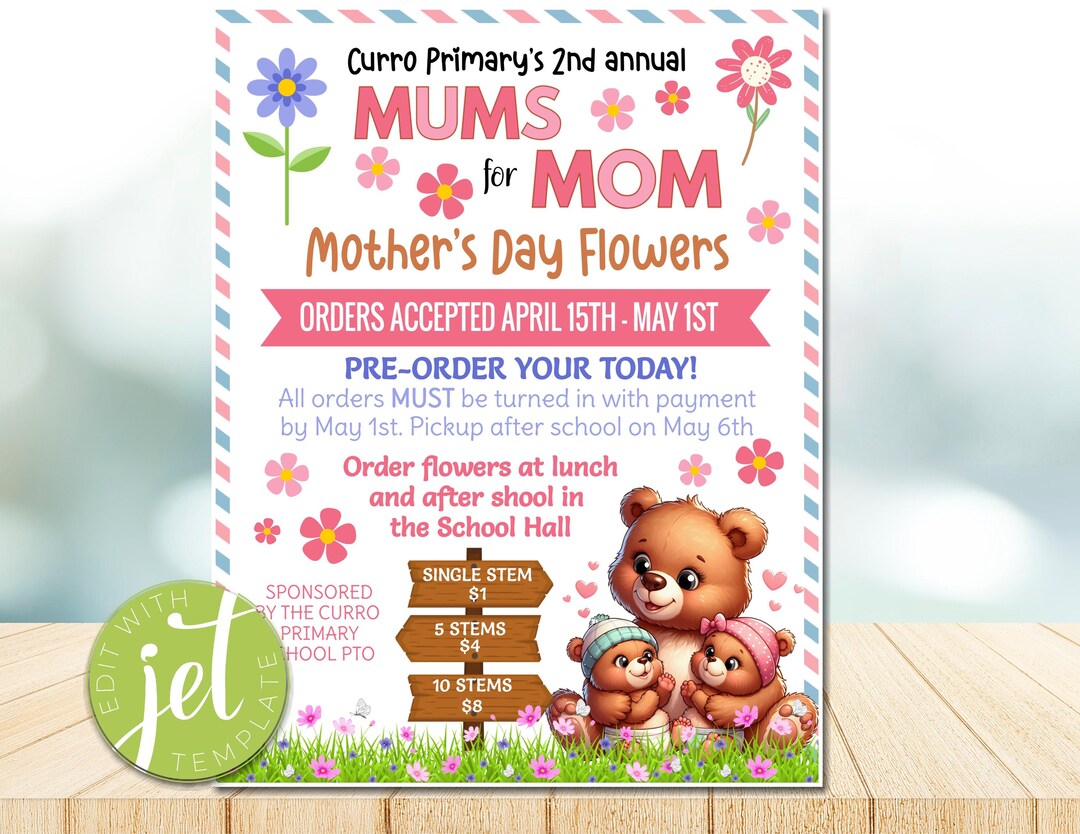 Editable Mums for Mom Flower Sale Fundraiser Flyer, Church School Pto ...