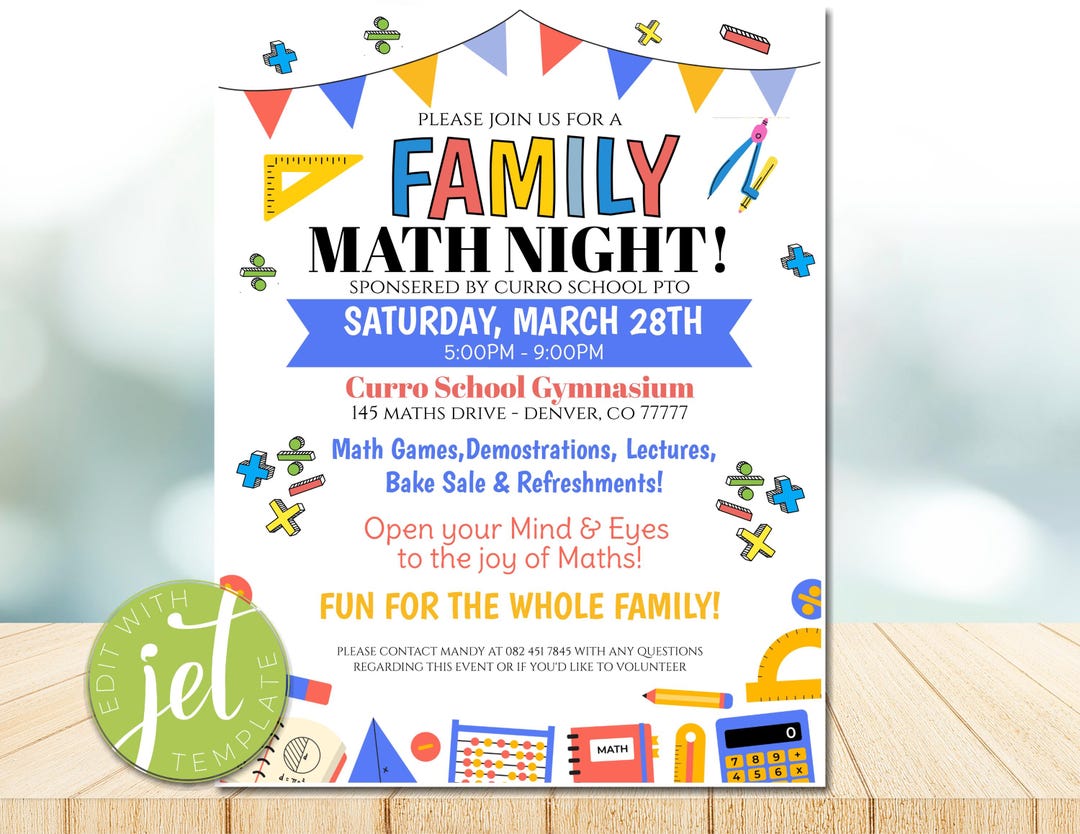 Family Math Night Flyer, School PTA PTO Flyer, Community Church ...