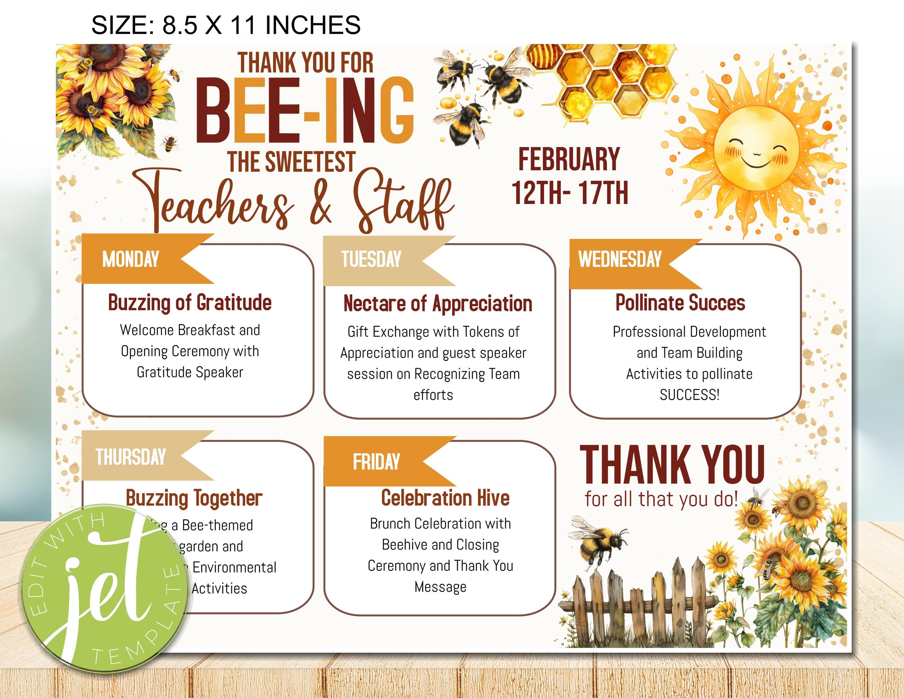 EDITABLE Bee Teacher & Staff Appreciation Flyer, Honeycomb Itinerary ...