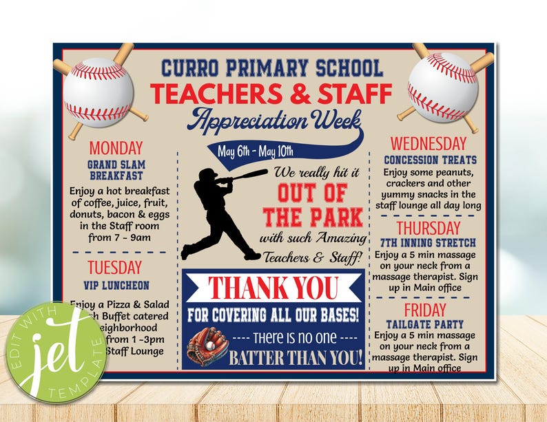 Editable Baseball Themed Teacher Appreciation Week Itinerary Flyer ...