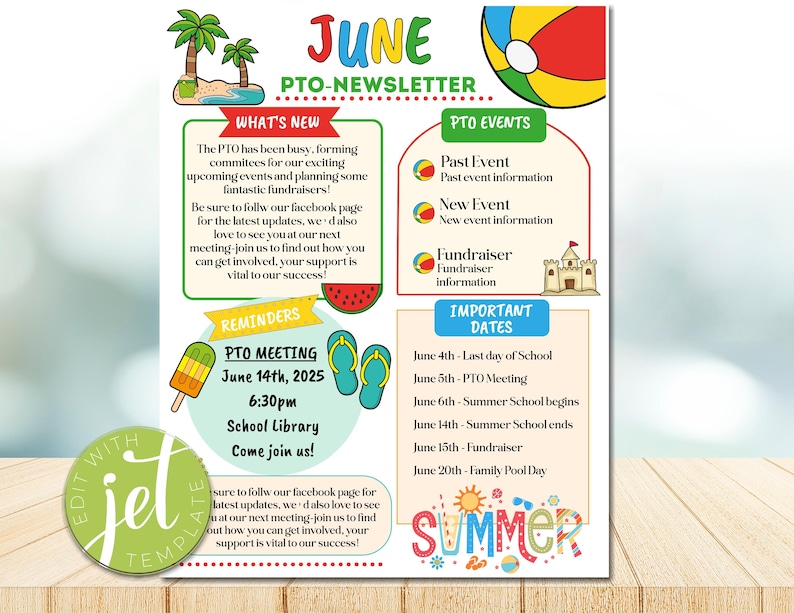 Editable June Newsletter Template, PTO PTA Summer Newsletter, School ...