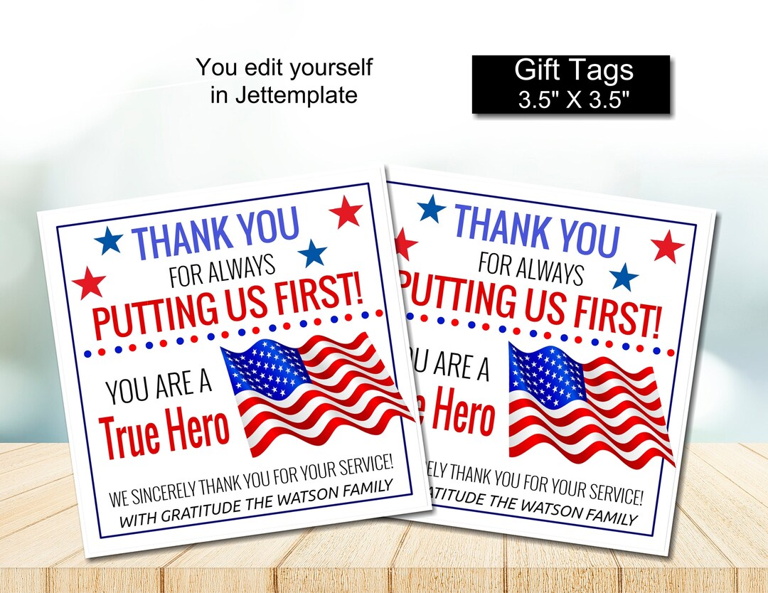 Editable American Hero Appreciation Gift Tag, Thank You Gift Military ...