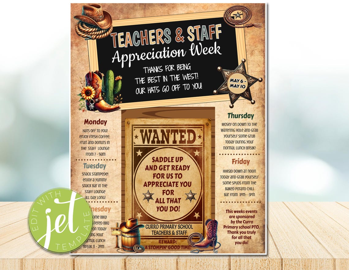 Editable Western Themed Teacher Appreciation Week Itinerary Poster ...