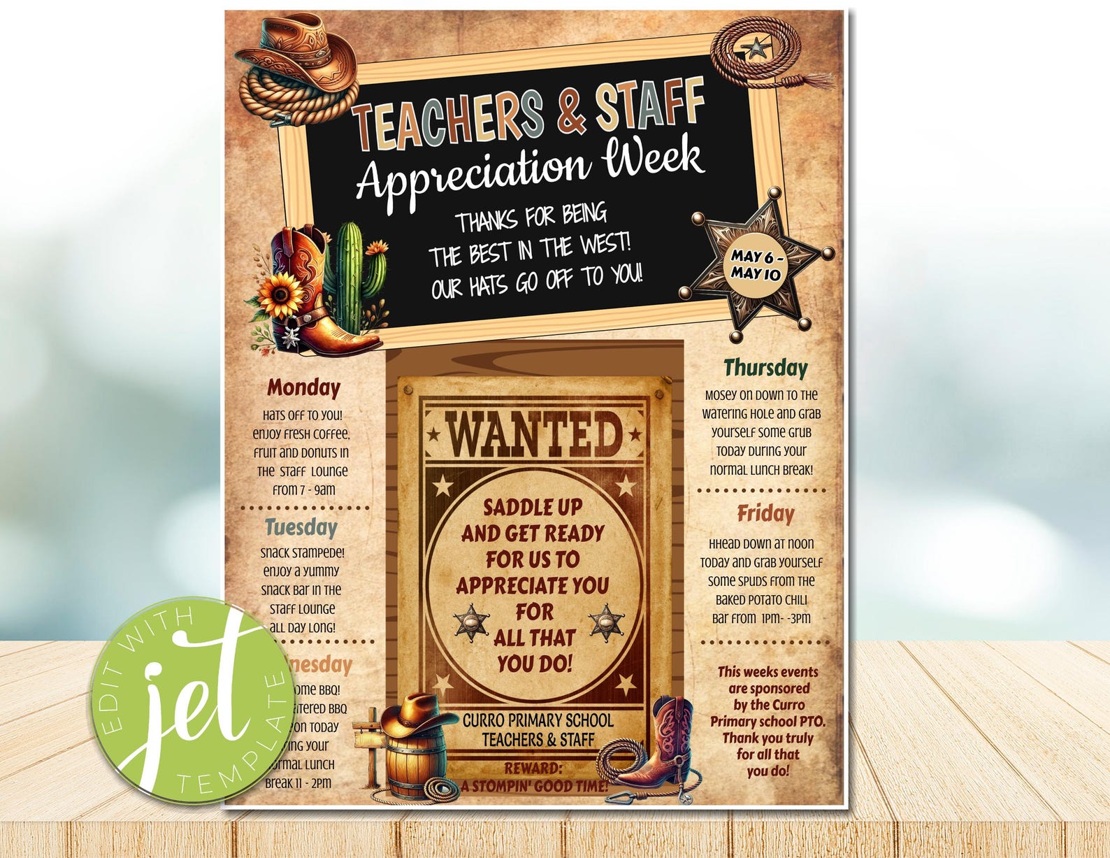 Editable Western Themed Teacher Appreciation Week Itinerary Poster ...