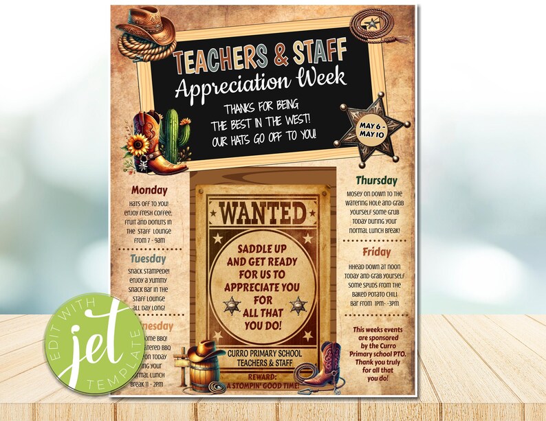 Editable Western Themed Teacher Appreciation Week Itinerary Poster ...