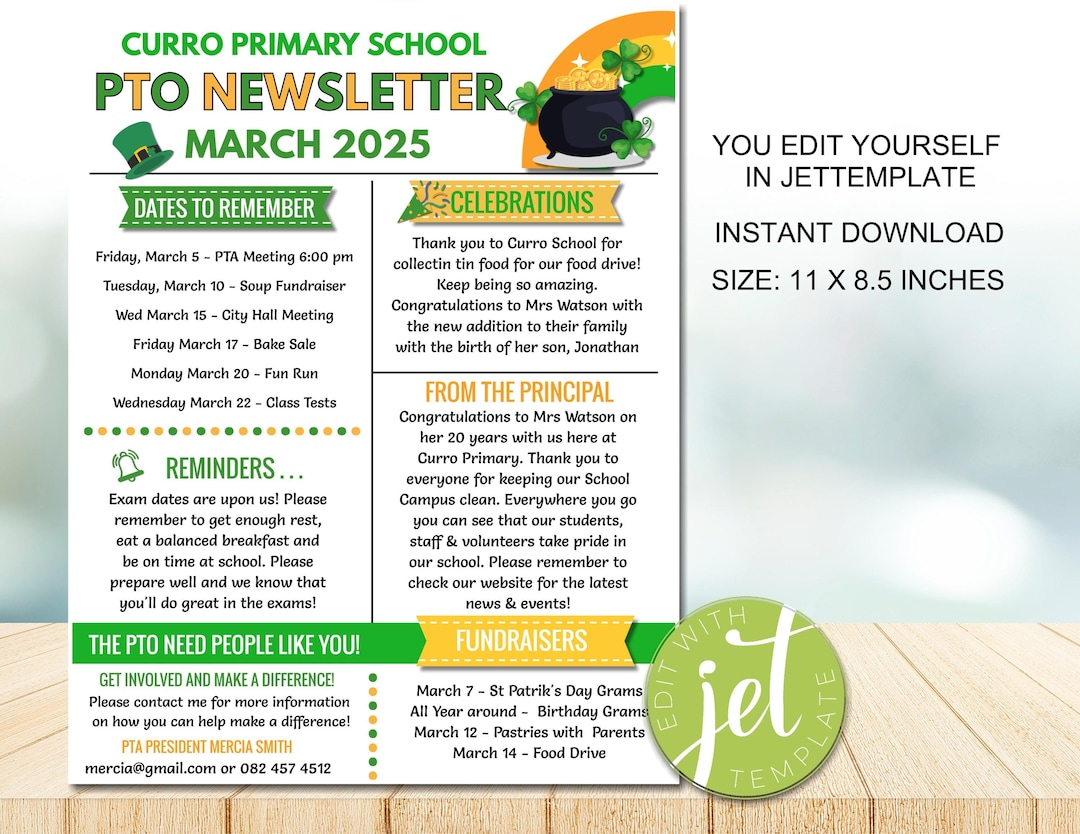 Editable March Newsletter Template, St Patrick's PTO PTA School News ...
