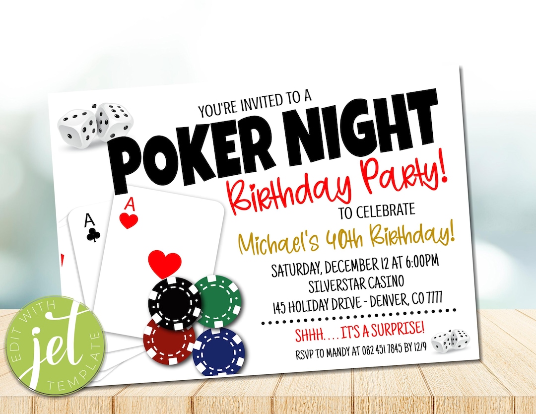Editable Poker Night Party Invitation, Adult Surprise Birthday Invite ...