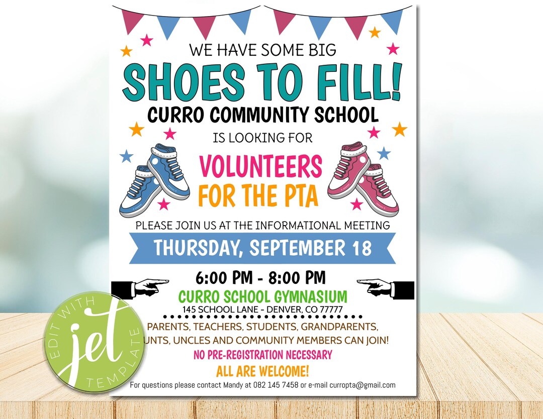 Editable Volunteer Recruitment Flyer Big Shoes to Fill, PTA PTO Flyer ...
