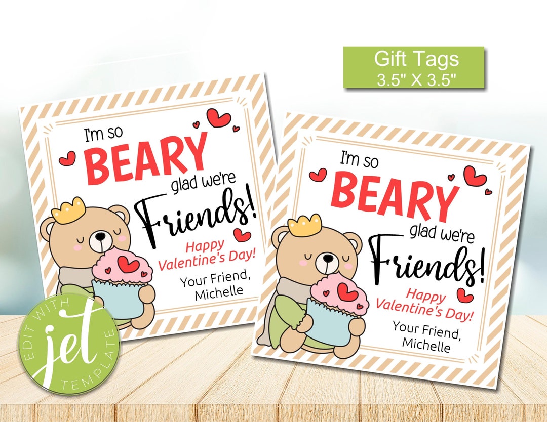 Editable I'm so Beary Glad We're Friends, Printable Class Valentine's ...