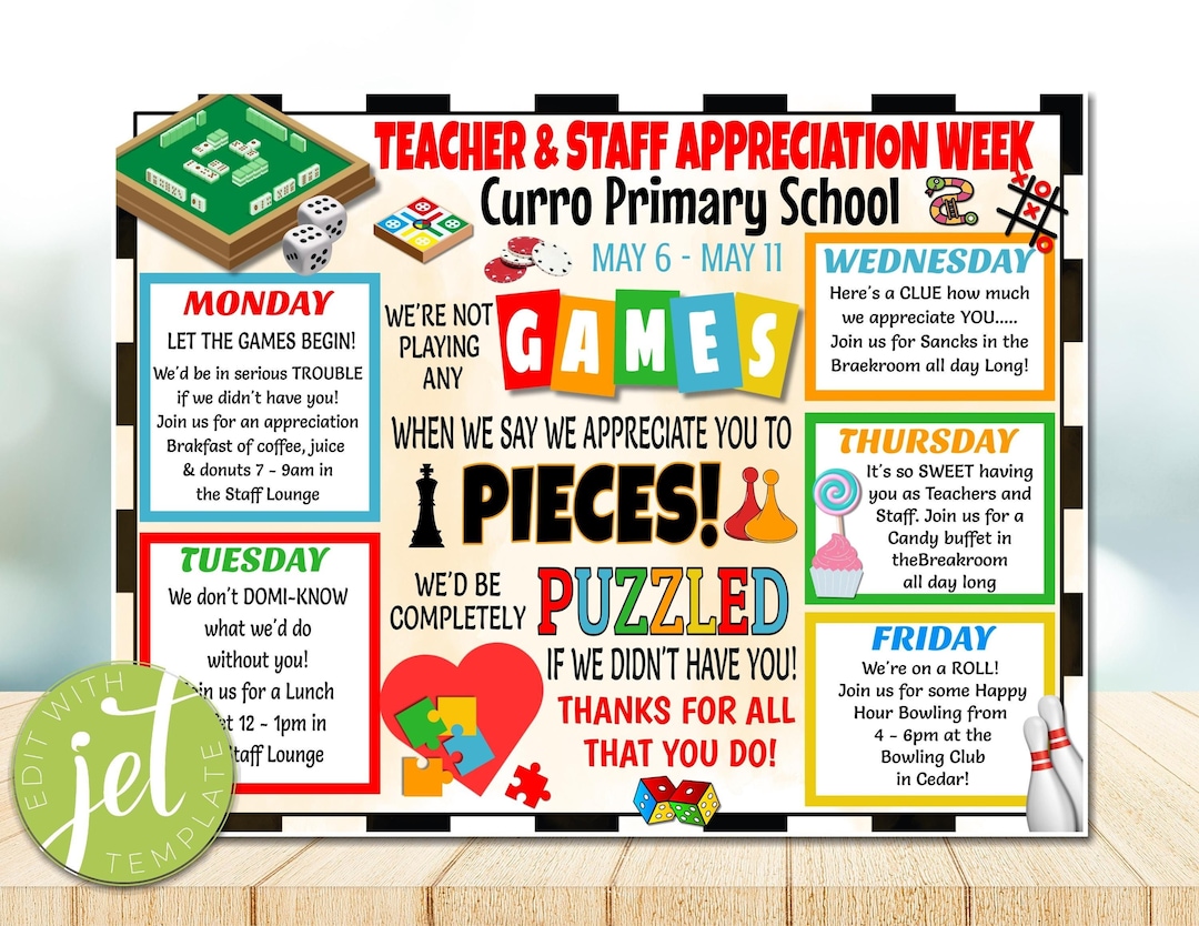 Editable Games Themed Teacher Appreciation Week Itinerary Flyer, Games ...