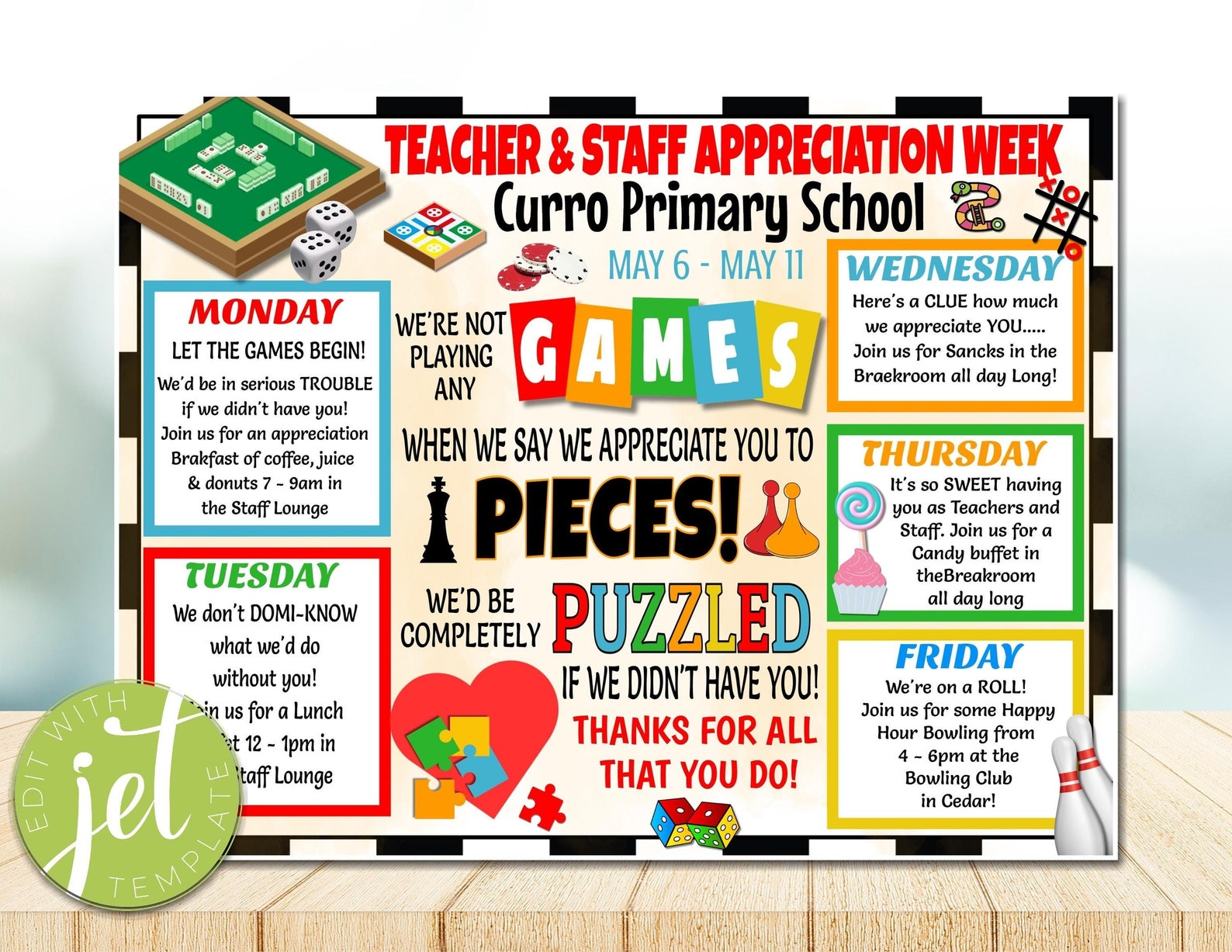Editable Games Themed Teacher Appreciation Week Itinerary Flyer, Games ...