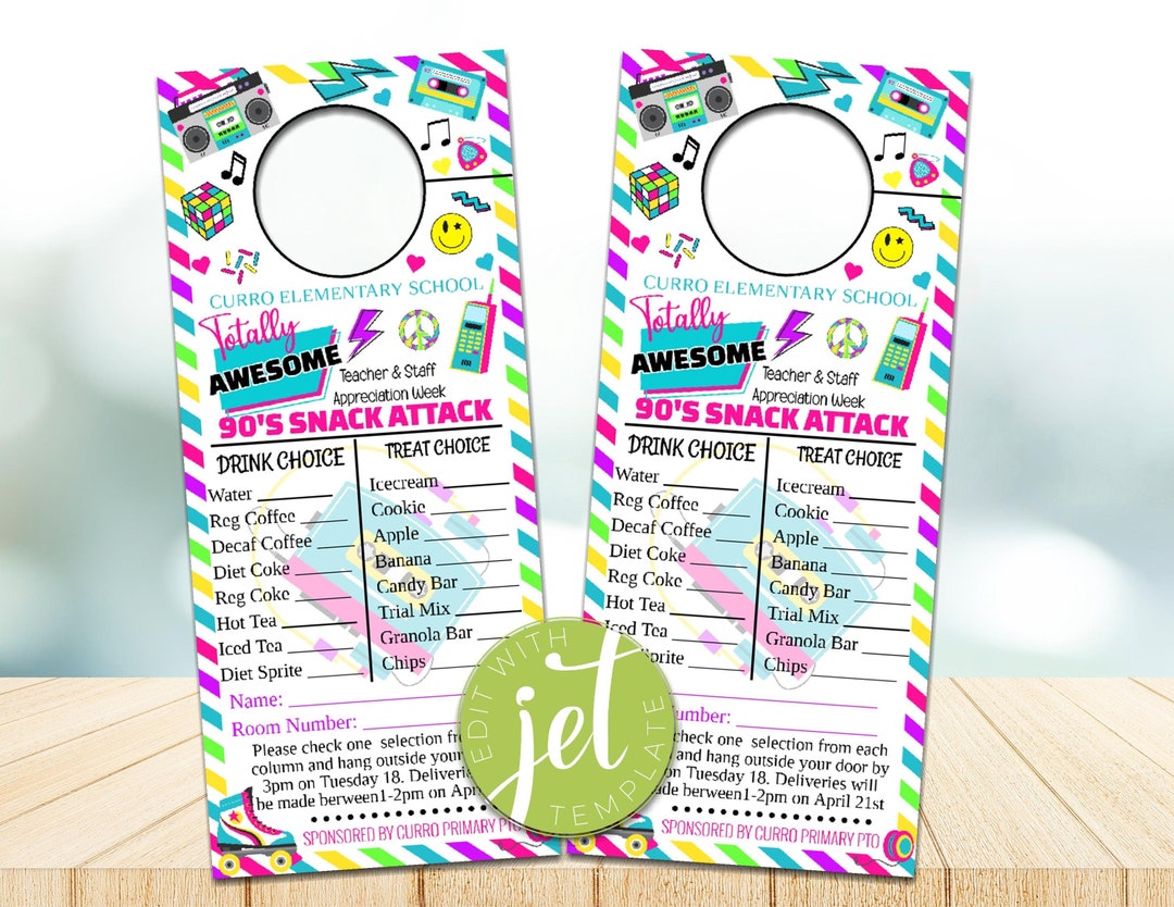 Editable Totally 80s 90s Theme Room Service Door Hanger, Teacher Staff ...