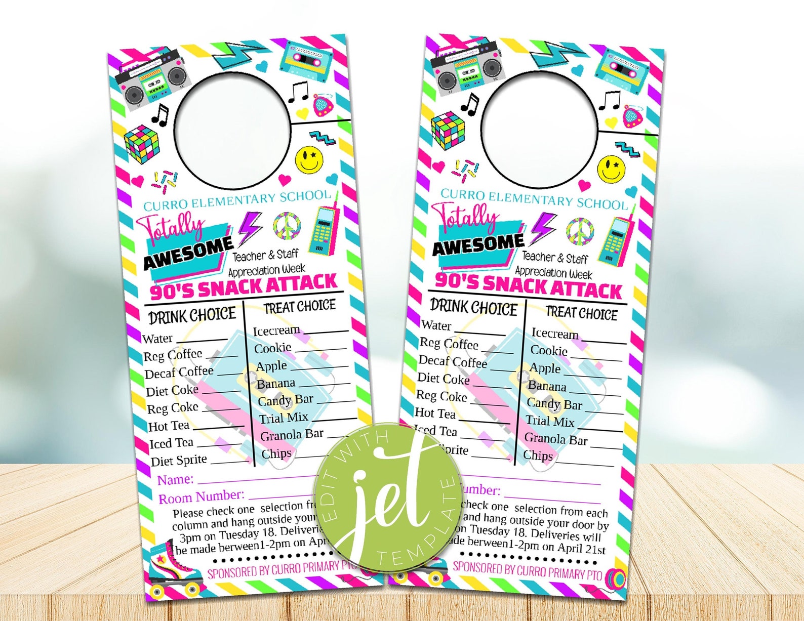 Editable Totally 80s 90s Theme Room Service Door Hanger, Teacher Staff ...