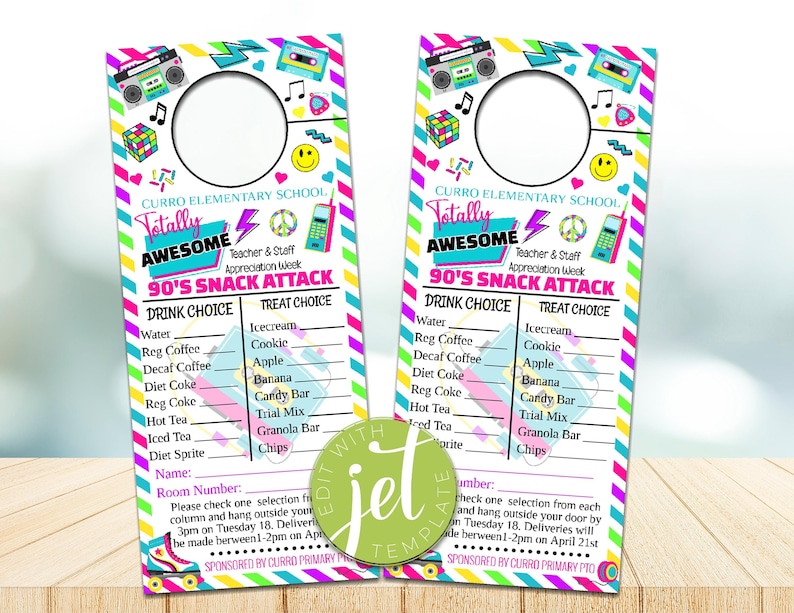 Editable Totally 80s 90s Theme Room Service Door Hanger, Teacher Staff ...