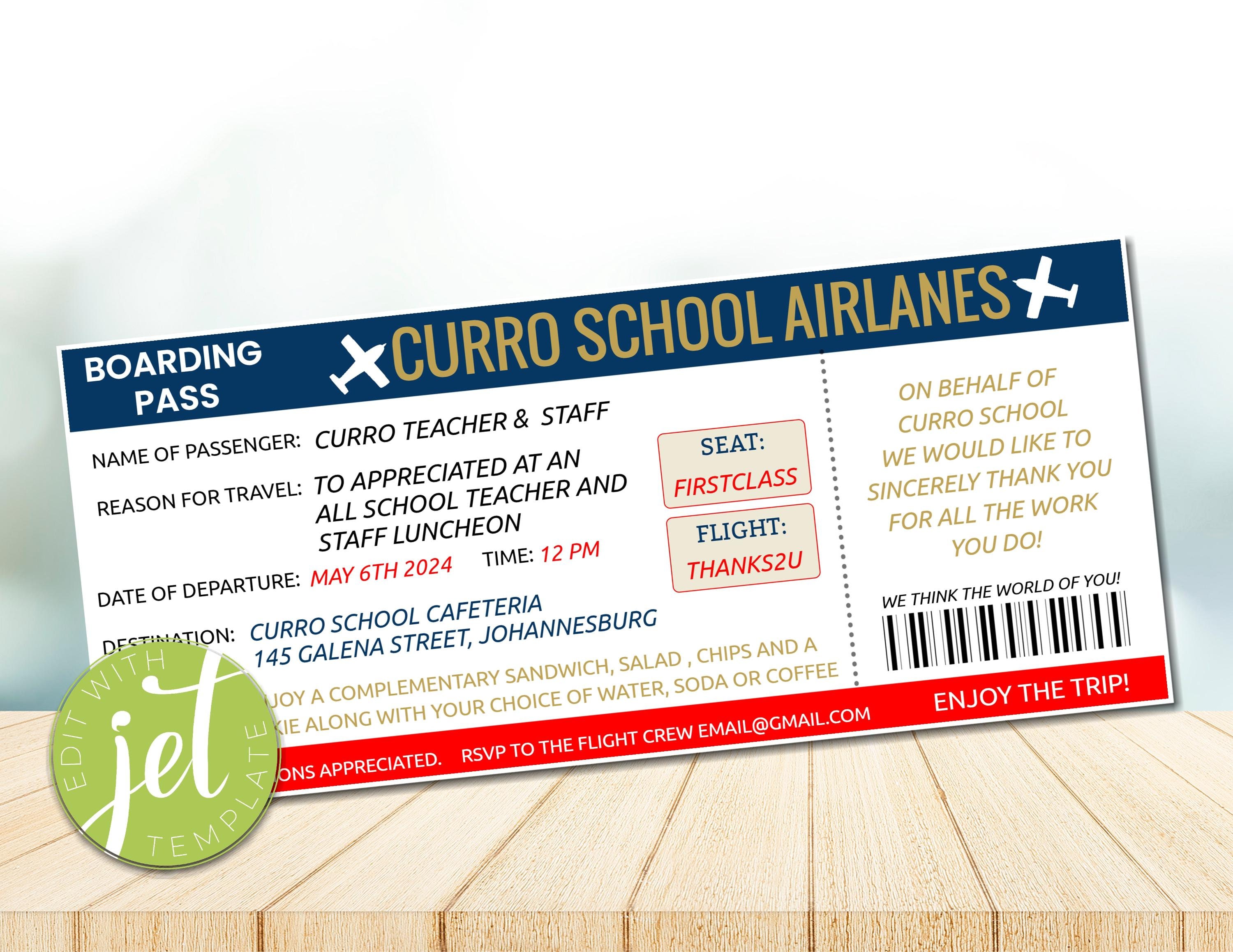 Editable Boarding Pass Ticket, Travel Theme Teacher Appreciation Week ...