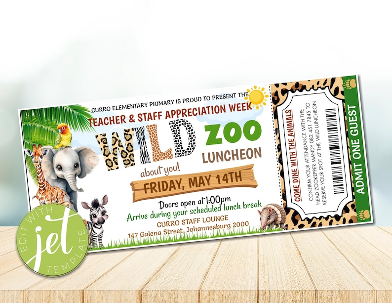 Editable Zoo Appreciation Luncheon Ticket Invite, Jungle Theme Teacher ...