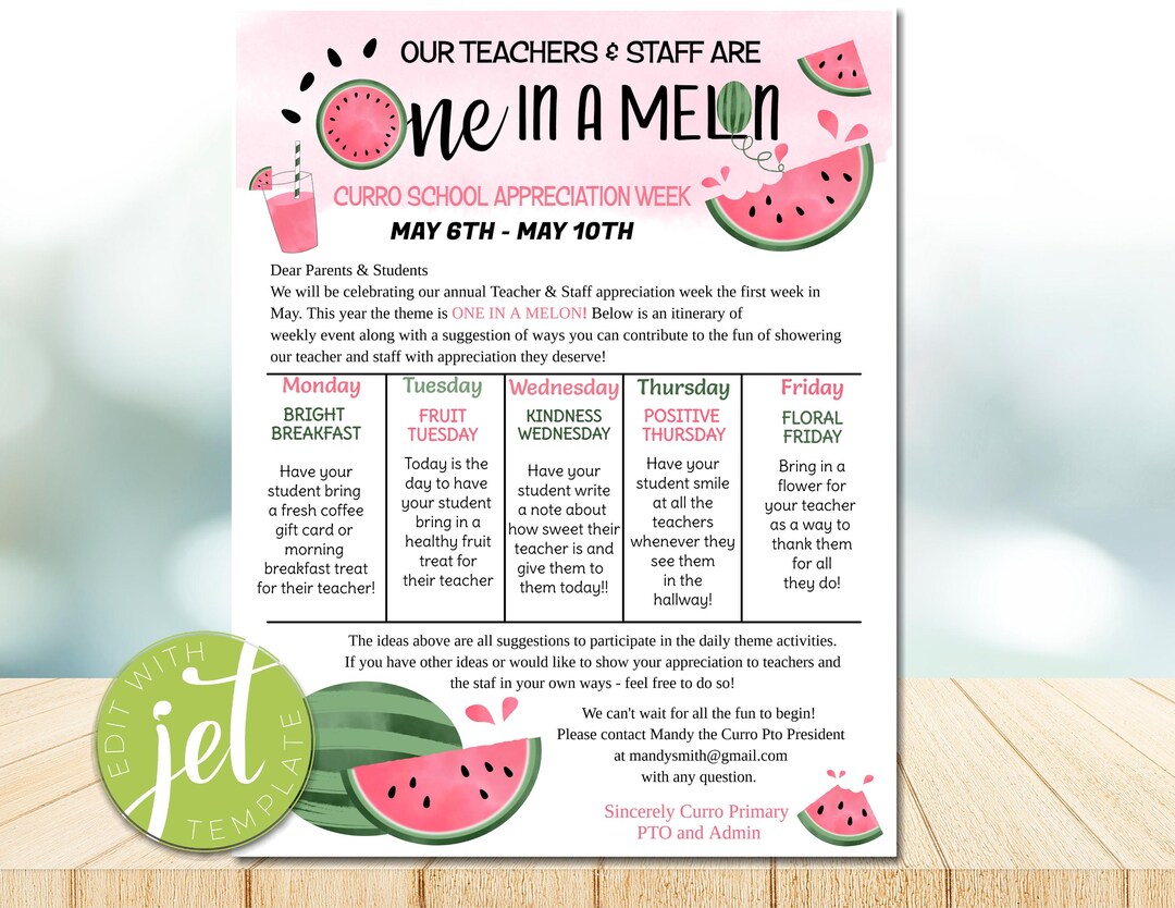 EDITABLE One in a Melon Watermelon Theme Teacher Appreciation, Week ...