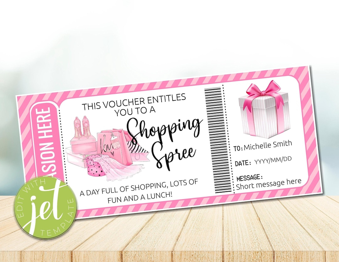 Printable Shopping Spree Certificate Template, Gift Voucher Card Coupon ...