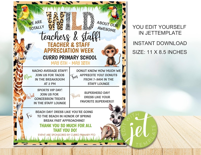 EDITABLE Jungle Teacher Appreciation Week Itinerary, Zoo Theme Schedule ...