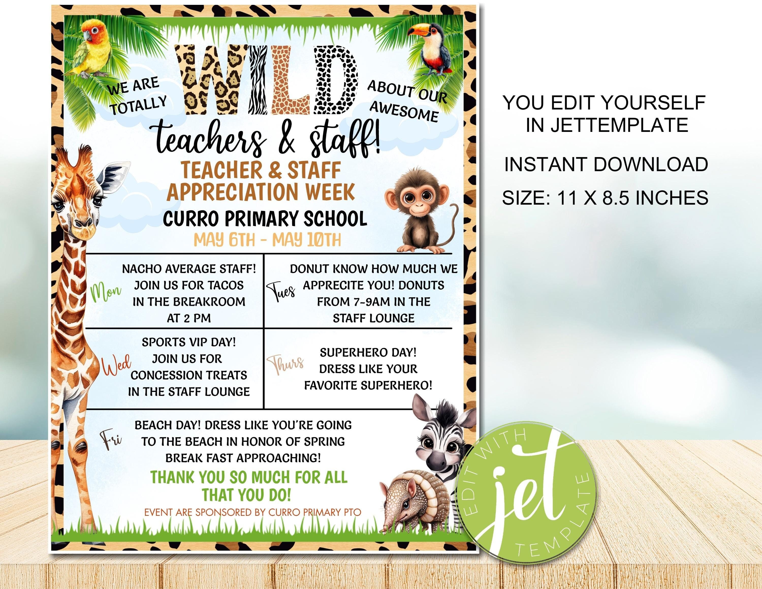 EDITABLE Jungle Teacher Appreciation Week Itinerary, Zoo Theme Schedule ...