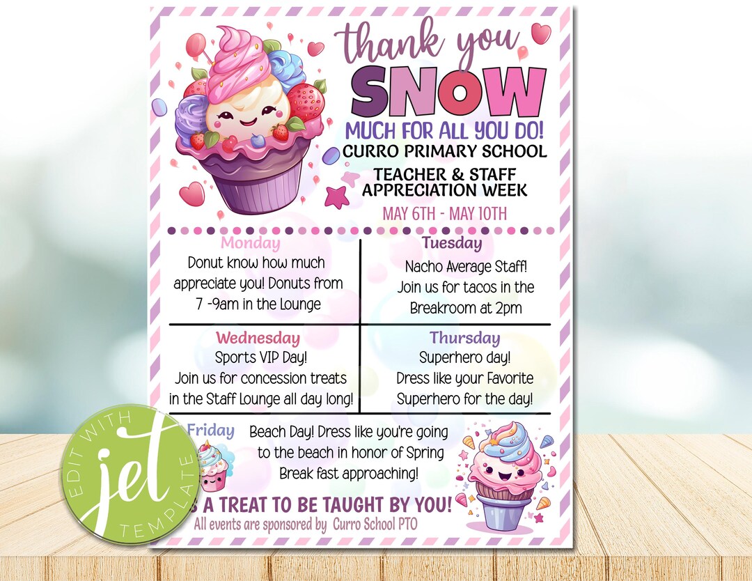 Editable Teacher Appreciation Week Itinerary, Snow Cone Rainbow Ice ...