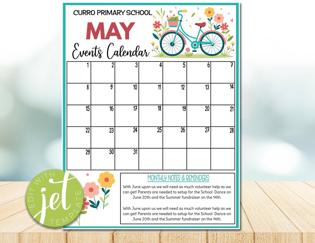 Editable May Events Calendar, Spring PTO PTA Printable Handout, School ...