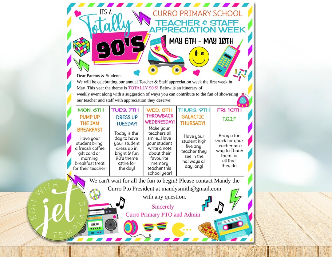 EDITABLE Teacher Appreciation Week Itinerary, Retro Throwback 80s 90s ...