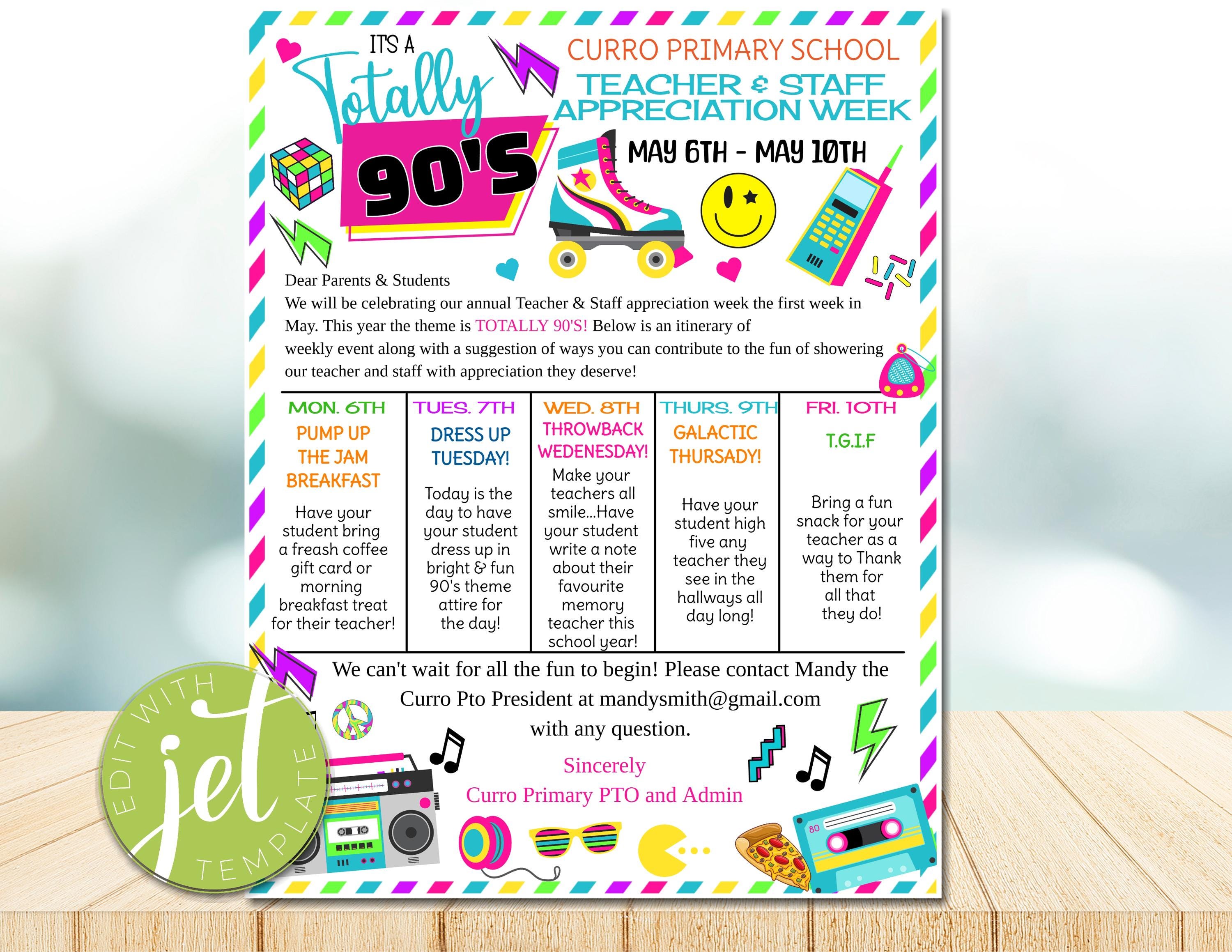EDITABLE Teacher Appreciation Week Itinerary, Retro Throwback 80s 90s ...