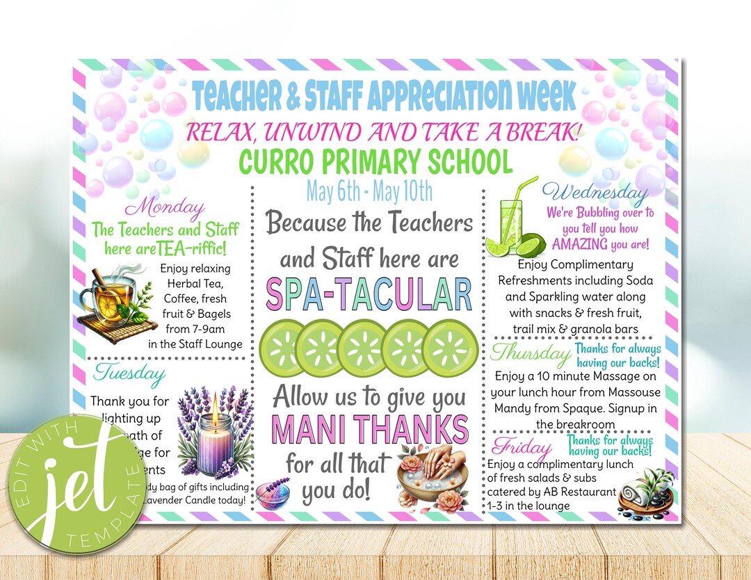EDITABLE Spa Teacher Appreciation Week Itinerary Flyer, Zen Theme ...