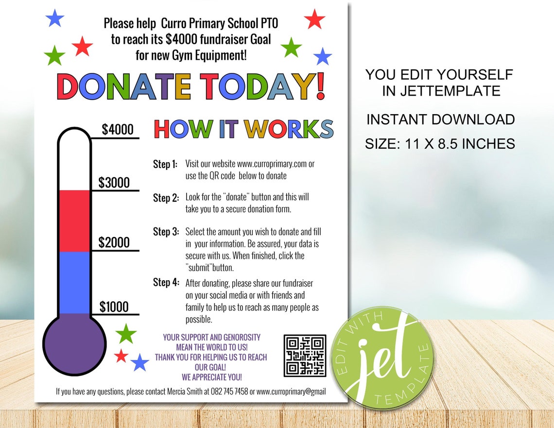 Editable PTA Goal Thermometer Flyer Template, Fundraising Flyer With 4 ...