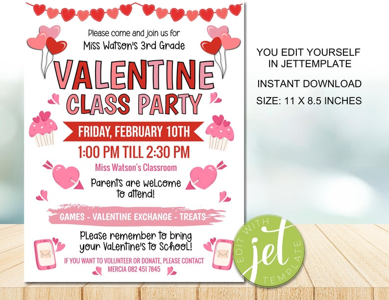 Editable Valentine Class Party Invite, Elementary School Party, Instant ...
