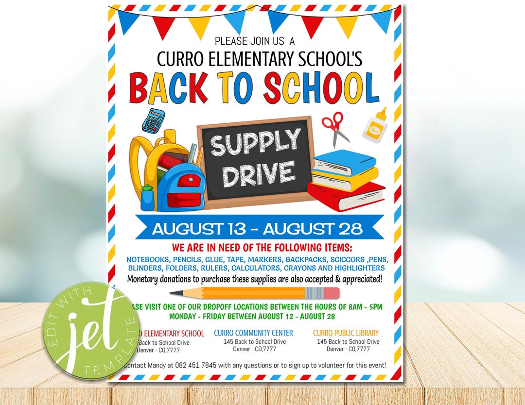 Editable School Supply Drive Event Flyer School Backpack Fundraiser ...