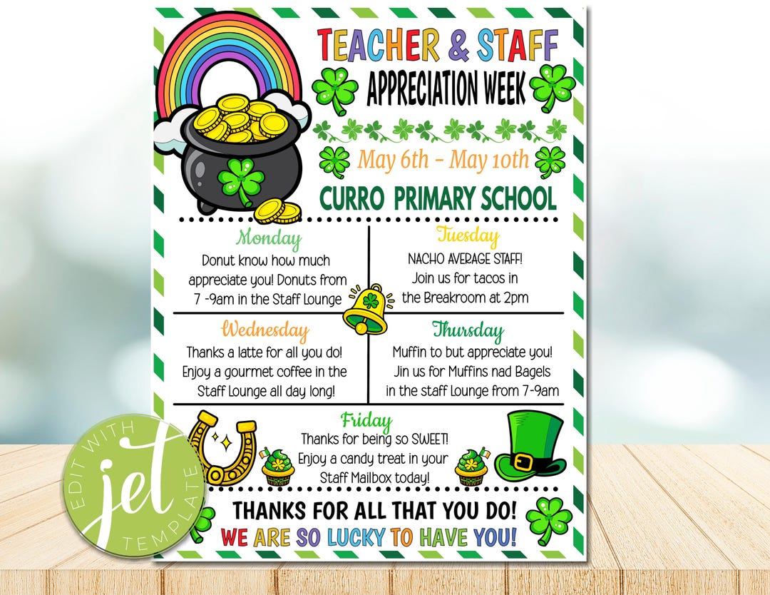 EDITABLE St. Patrick's Day Teacher Appreciation Week Itinerary, Lucky ...