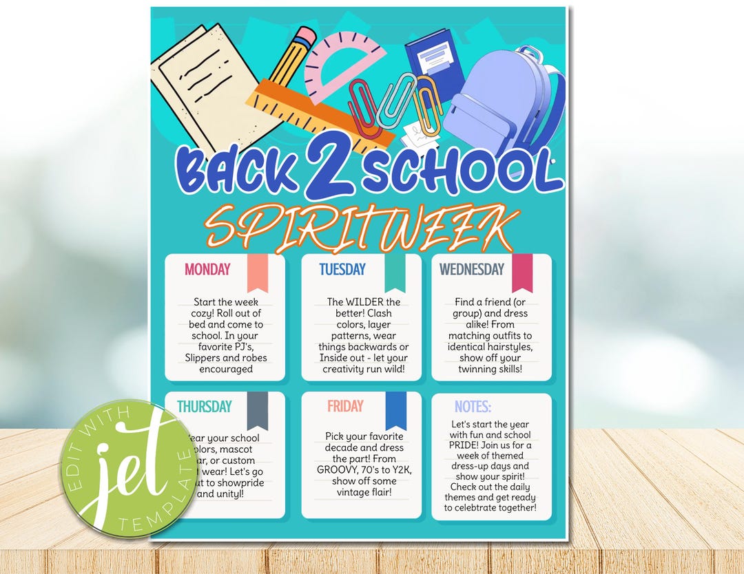 EDITABLE Back to School Spirit Week Flyer, Jettemplate Template, School ...