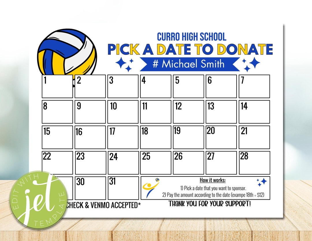 Editable Volleyball Calendar Pick a Date to Donate Fundraiser, Instant ...